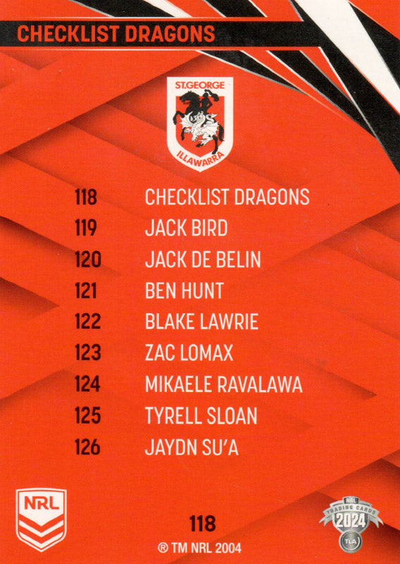 2024 NRL Traders - Common - 118 - Dragons Checklist - St. George-Illaw ...