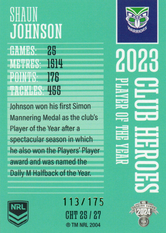 2024 NRL Traders - Club Heroes Teal - CHT 25 - Shaun Johnson - 113/175 ...