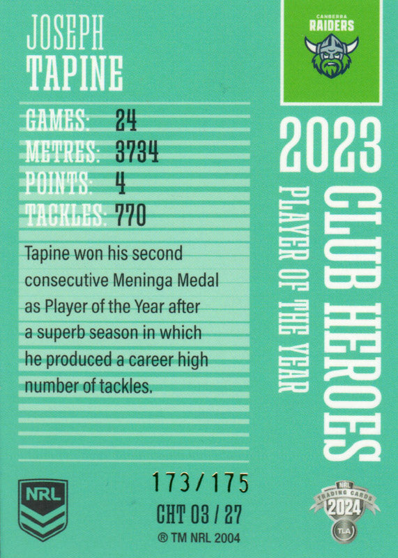 2024 NRL Traders - Club Heroes Teal - CHT 03 - Joseph Tapine - 173/175 ...