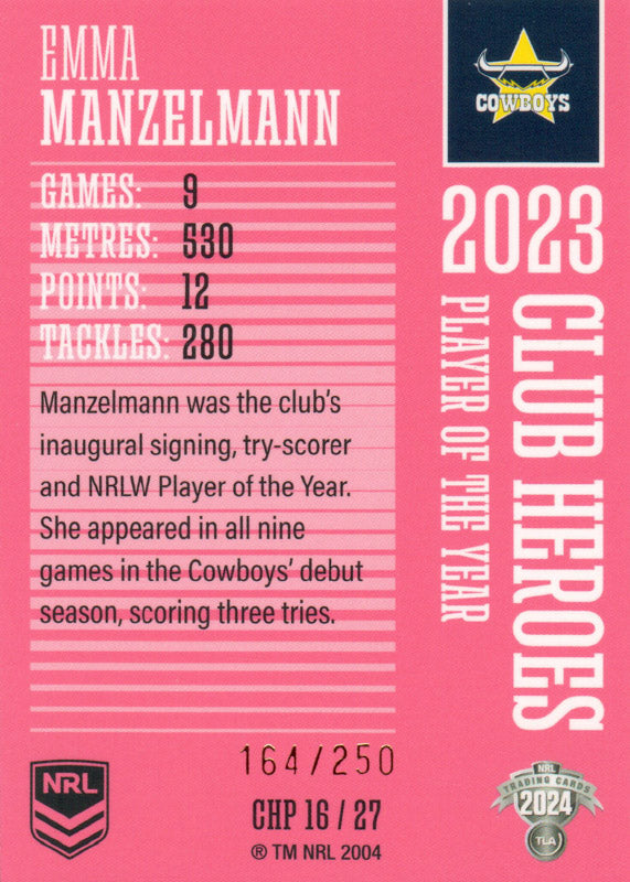 2024 NRL Traders - Club Heroes Pink - CHP 16 - Emma Manzelmann - 164/2 ...