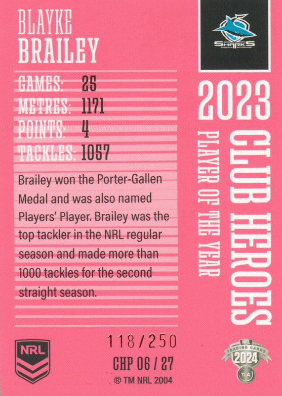 2024 NRL Traders - Club Heroes Pink - CHP 06 - Blayke Brailey - 118/25 ...