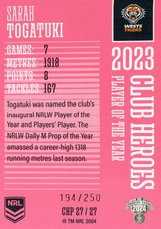 2024 NRL Traders - Club Heroes Pink - CHP 27 - Sarah Togatuki - 194/25 ...