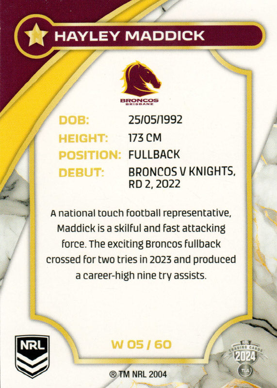 2024 NRL Traders - NRL Women - W 05 - Hayley Maddick - Brisbane Bronco ...