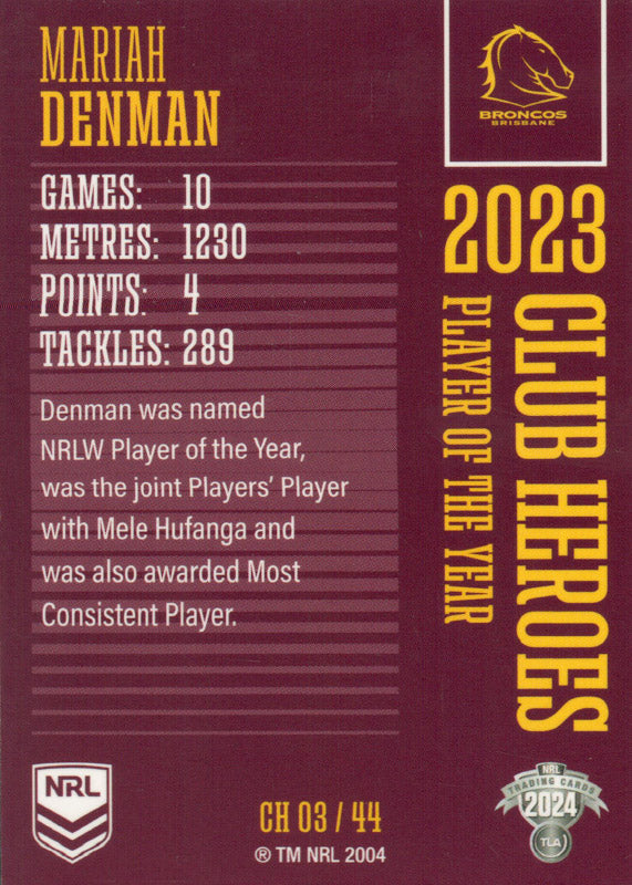 2024 NRL Traders - Club Heroes - CH 03 - Mariah Denman - Brisbane Bron ...