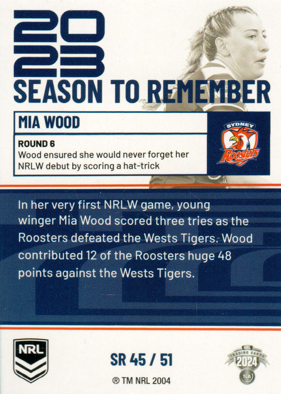 2024 NRL Traders - Season To Remember - SR 45 - Mia Wood - Sydney Roos ...