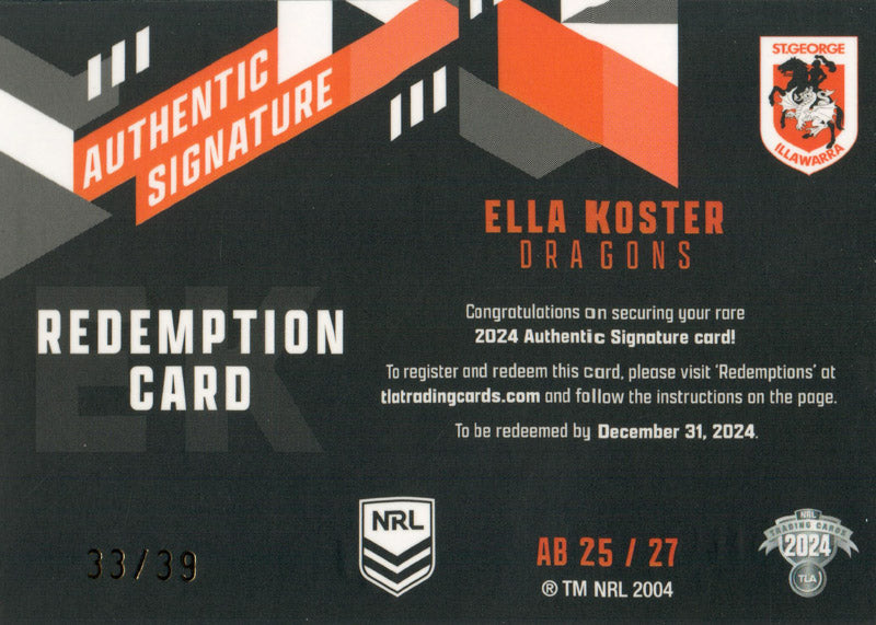 2024 NRL Traders - Authentic Signature Black - AB 25 - Ella Koster - 3 ...