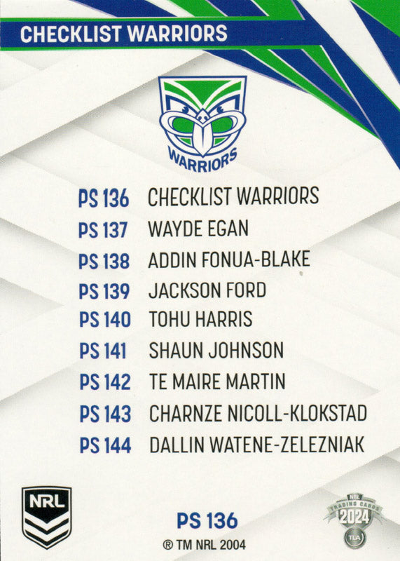 2024 NRL Traders - Pearl Silver - PS 136 - Warriors Checklist - Sydney ...