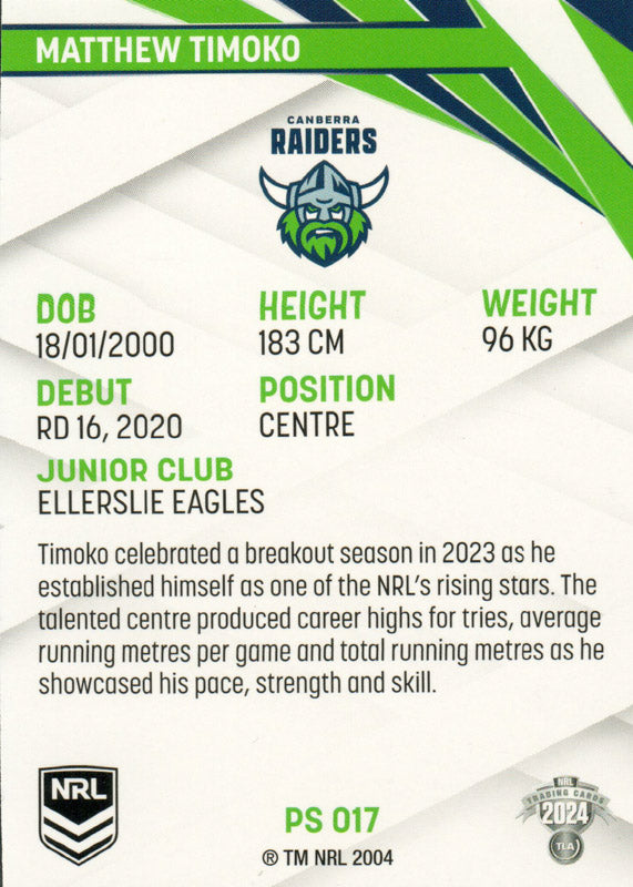 2024 NRL Traders - Pearl Silver - PS 017 - Matthew Timoko - Canberra R ...