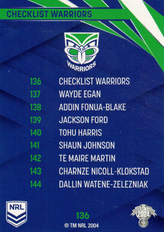 2024 NRL Traders - Common - 136 - Warriors Checklist - Sydney Roosters ...