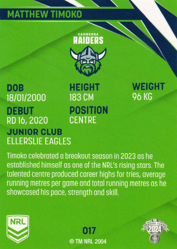 2024 NRL Traders - Common - 017 - Matthew Timoko - Canberra Raiders ...