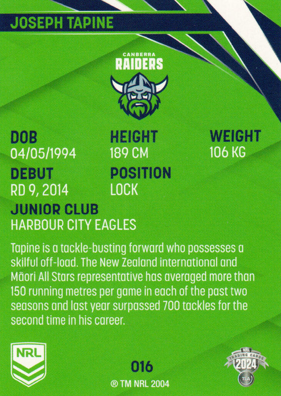 2024 NRL Traders - Common - 016 - Joseph Tapine - Canberra Raiders ...