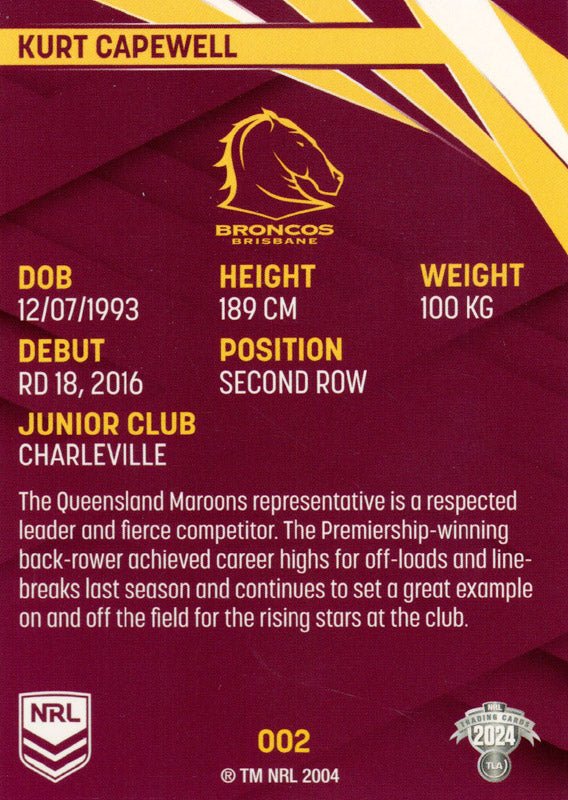 2024 NRL Traders - Common - 002 - Kurt Capewell - Brisbane Broncos ...