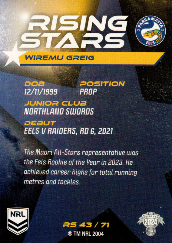 2024 NRL Traders - Rising Stars - RS 43 - Wiremu Greig - Parramatta Ee ...