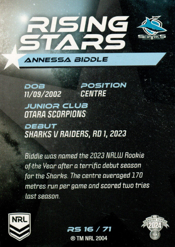 2024 NRL Traders - Rising Stars - RS 16 - Annessa Biddle - Cronulla-Su ...