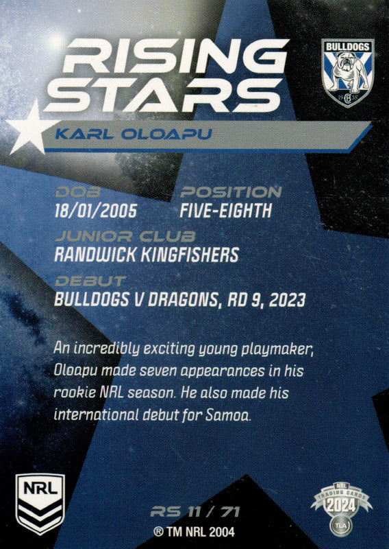 2024 NRL Traders - Rising Stars - RS 11 - Karl Oloapu - Canterbury-Ban ...