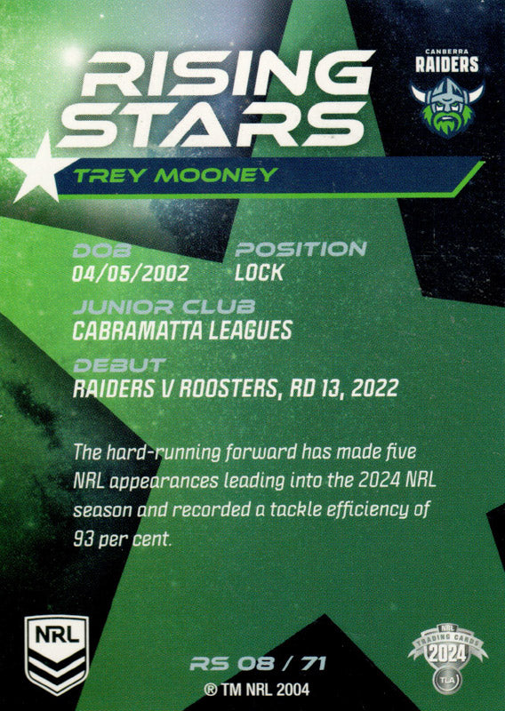 2024 NRL Traders - Rising Stars - RS 08 - Trey Mooney - Canberra Raide ...