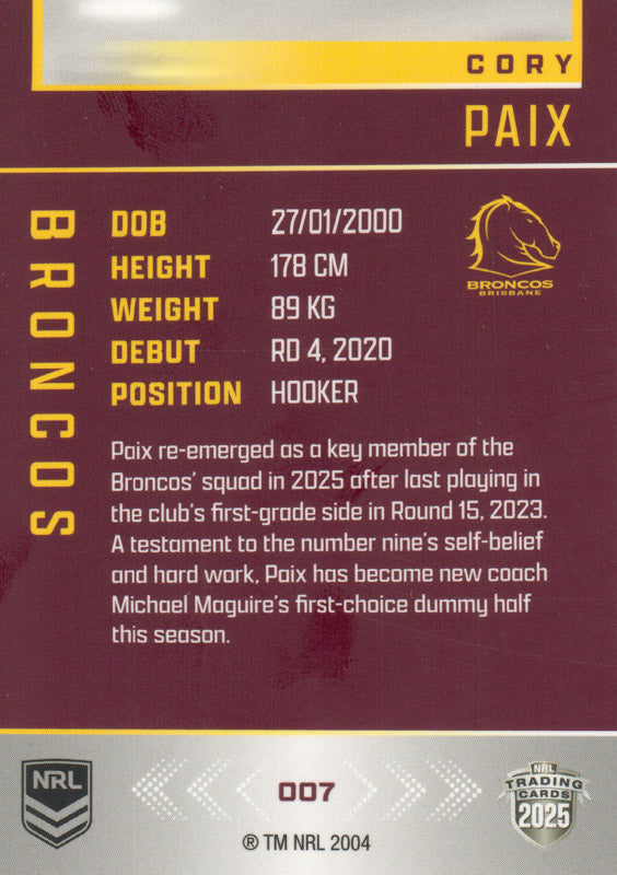 2025 NRL Elite - Base - 007 - Cory Paix - Broncos – Dave and Jazzy's ...