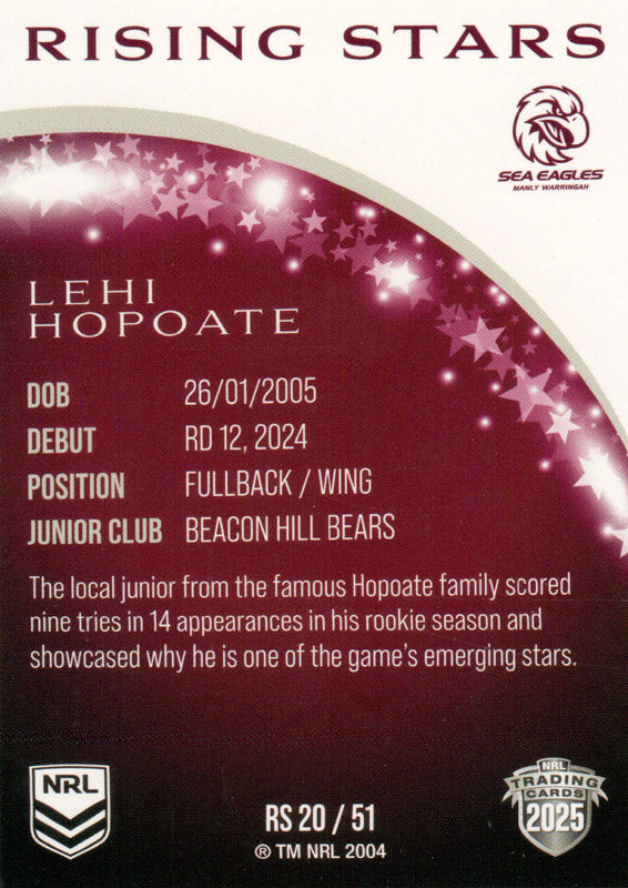 2025 NRL Traders - Rising Stars - RS 20 - Lehi Hopoate - Manly Warring ...