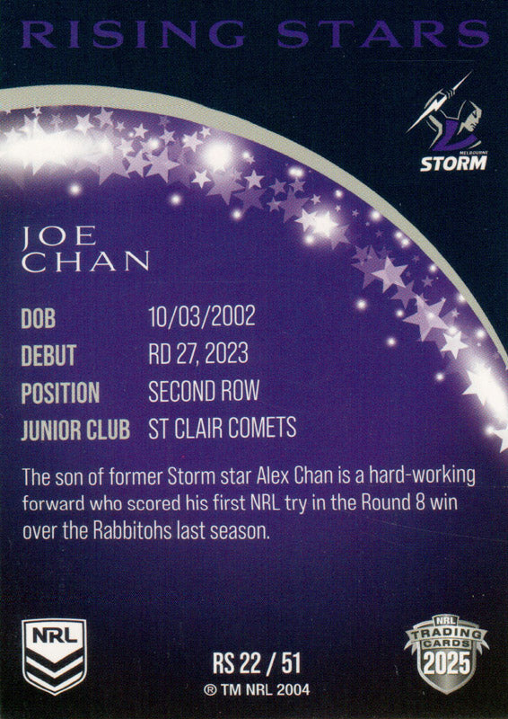 2025 NRL Traders - Rising Stars - RS 22 - Joe Chan - Melbourne Storm ...