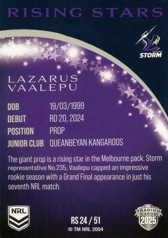 2025 NRL Traders - Rising Stars - RS 24 - Lazarus Vaalepu - Melbourne ...