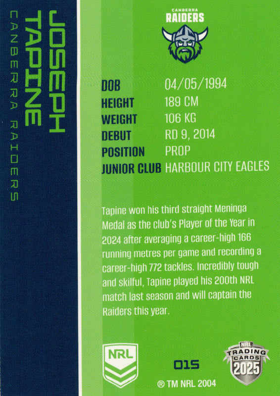 2025 NRL Traders - Common - 015 - Joseph Tapine - Canberra Raiders ...