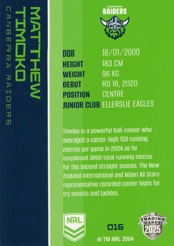 2025 NRL Traders - Common - 016 - Matthew Timoko - Canberra Raiders ...