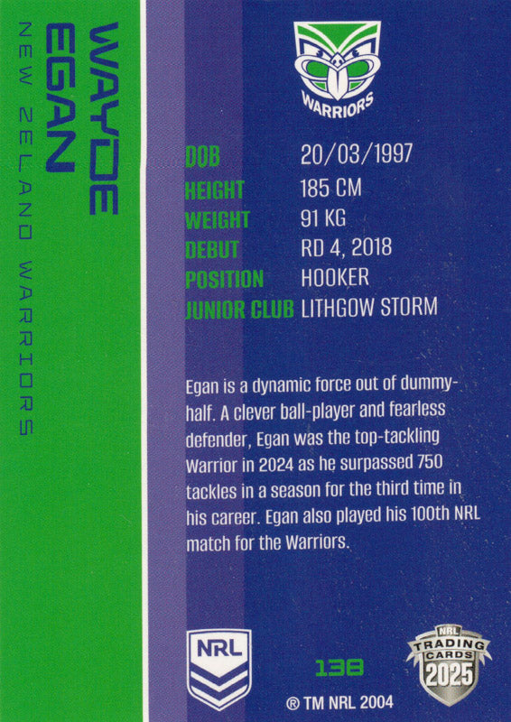 2025 NRL Traders - Common - 138 - Wayde Egan - New Zealand Warriors ...