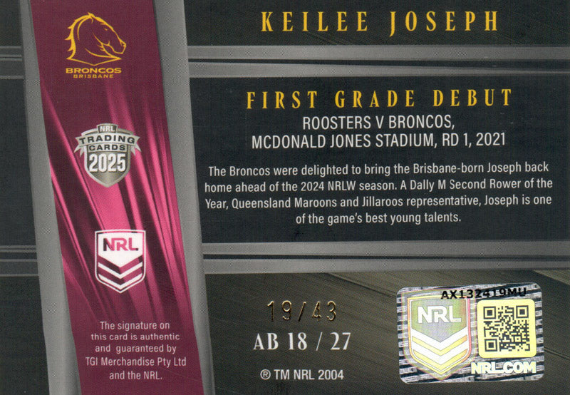 2025 NRL Traders - Authentic Signature Black - AB 18 - Keilee Joseph ...