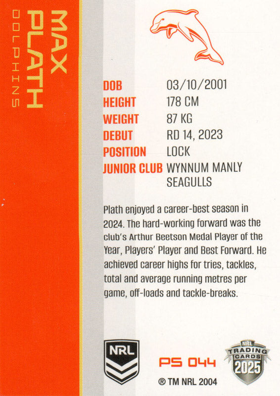 2025 NRL Traders - Parallel - P 044 - Max Plath - Dolphins – Dave and ...