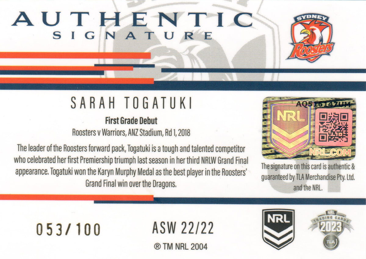 2023 NRL Titanium Authentics Signature White - ASW 22 - Sarah Togatuk ...