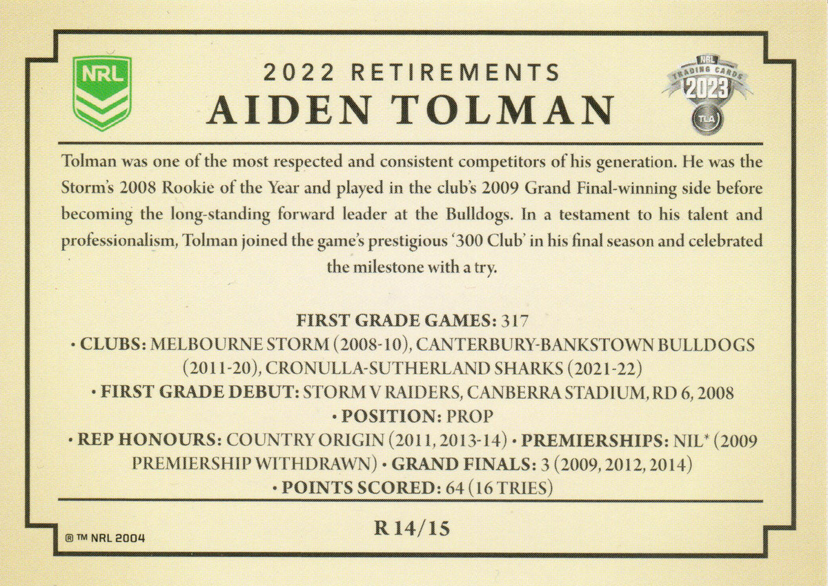 2023 NRL Titanium Retirements - R 14 - Aiden Tolman - Cronulla-Sutherl ...